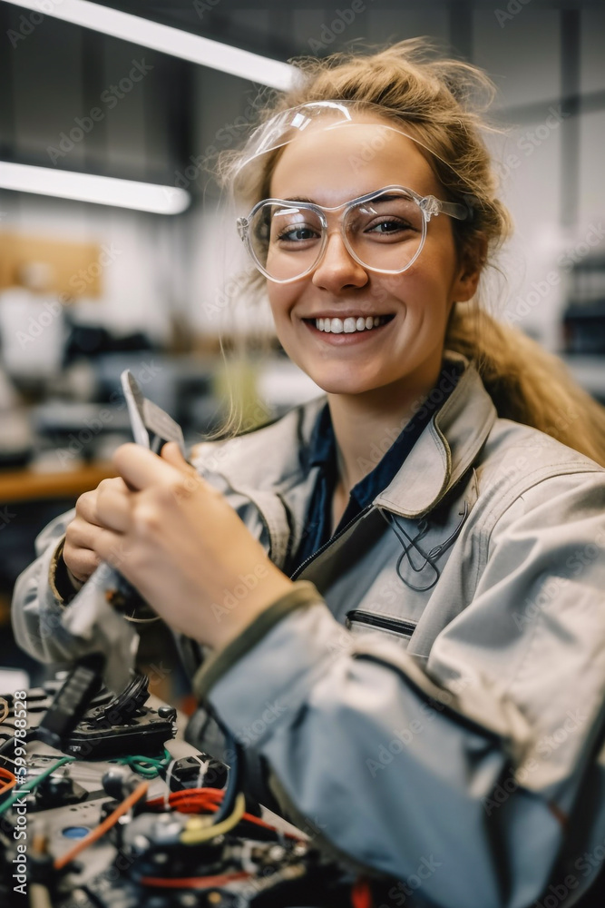 A young female engineer works wearing overalls and googles while ...
