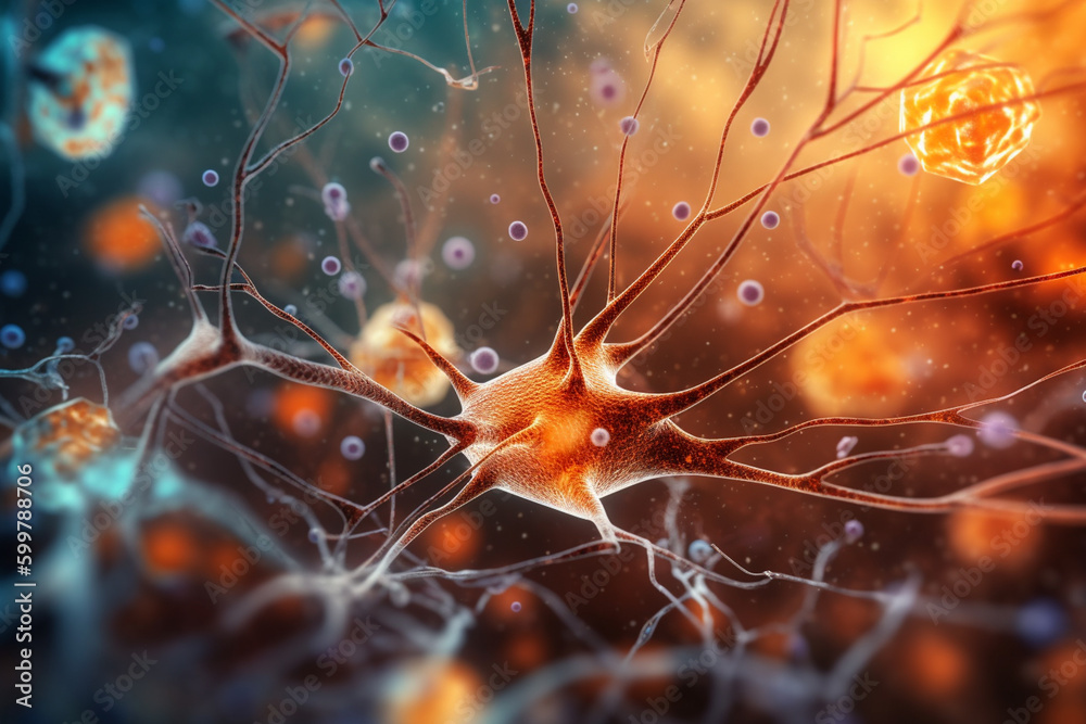 A close-up image of a neuron with branching dendrites and numerous ...