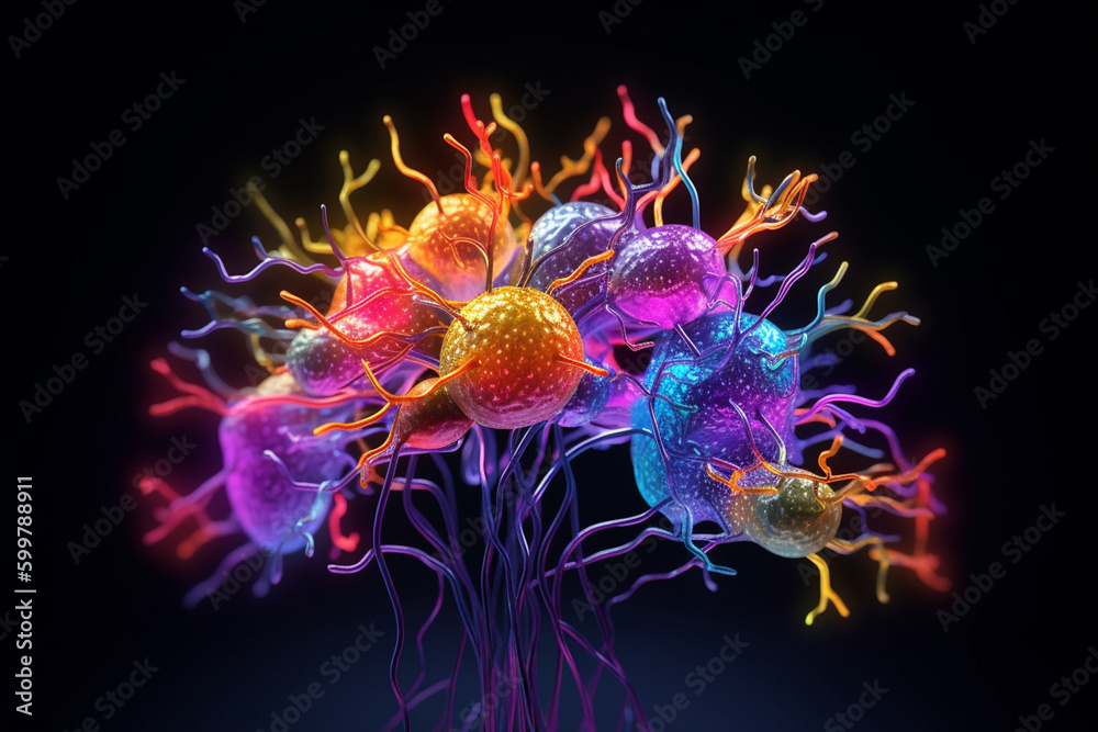 A visualization of the brain's synaptic connections, with glowing, neon ...