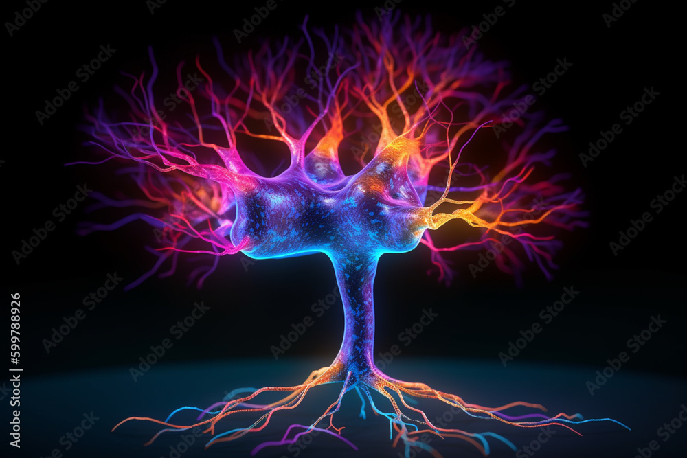 A visualization of the brain's synaptic connections, with glowing, neon ...