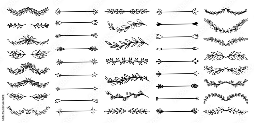 Floral ornament, line borders set. Hand drawn decor for cards and posters, doodle frames ...