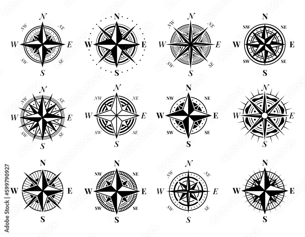 Compass icon set. Wind rose icons. Vintage nautical compass symbol with ...