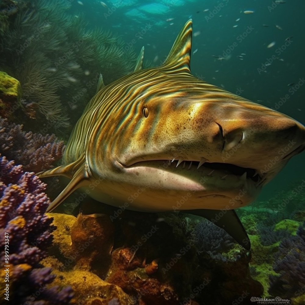 lion shark muzzle with jaws with sharp serrated teeth, intelligent ...