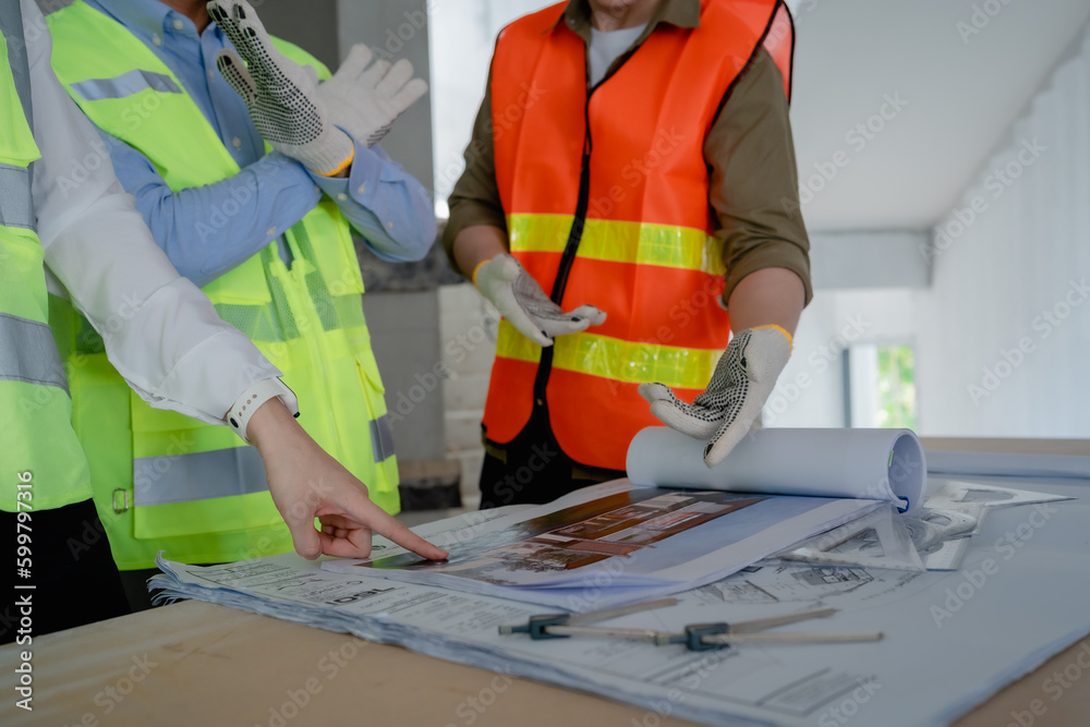 multi ethnic engineer brainstorming and measuring for cost estimating ...