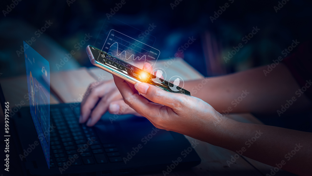 Humans are shown using smartphones and notebooks. Entering commands to ...