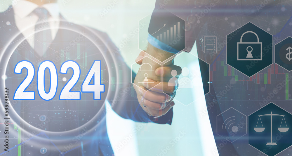 2024 calender year button on digital virtual screen blur background ...