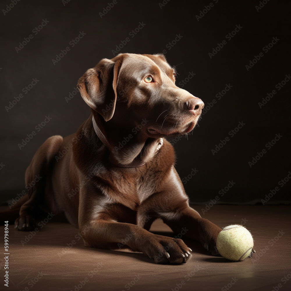 Happy Chocolate Lab with Tennis Ball, Sunlight Shining Indoors ...