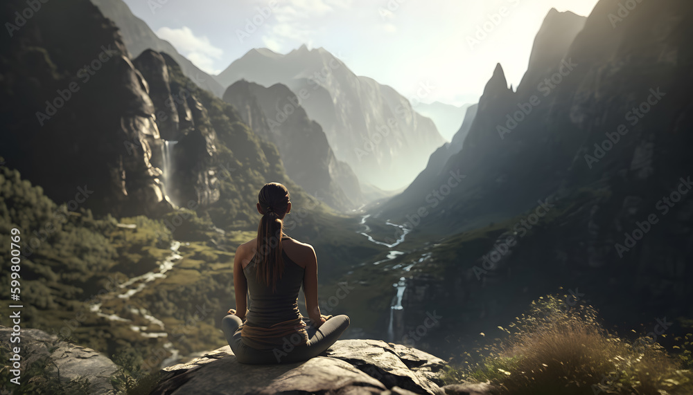 Back view young woman meditating in nature mountain Alps sunrise ...