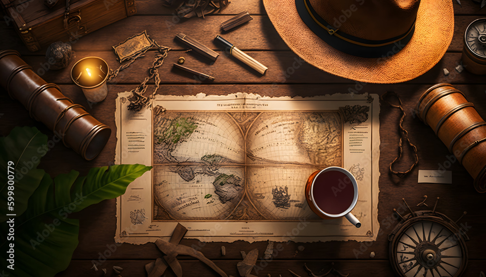 Pirate treasure map and compass, old captain hat on aged wooden table ...