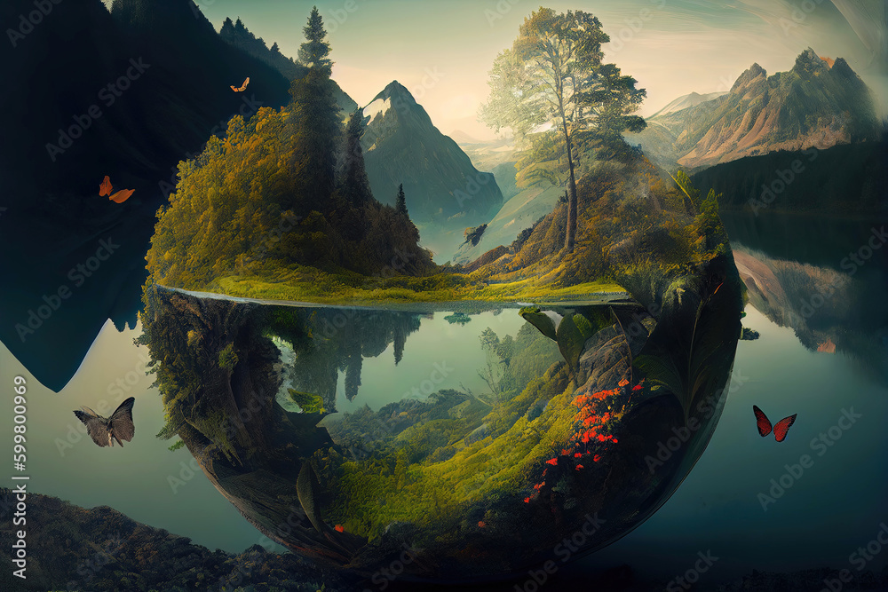 Surrealist dreamy nature landscape with trees and mountains (Generative ...