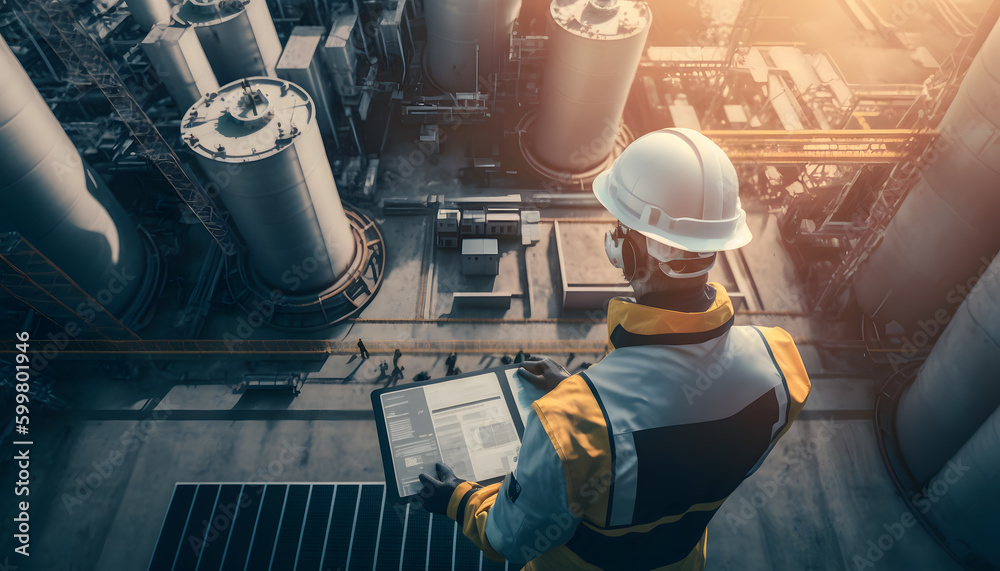 Engineer man checks with computer tablet reactor systems nuclear power ...