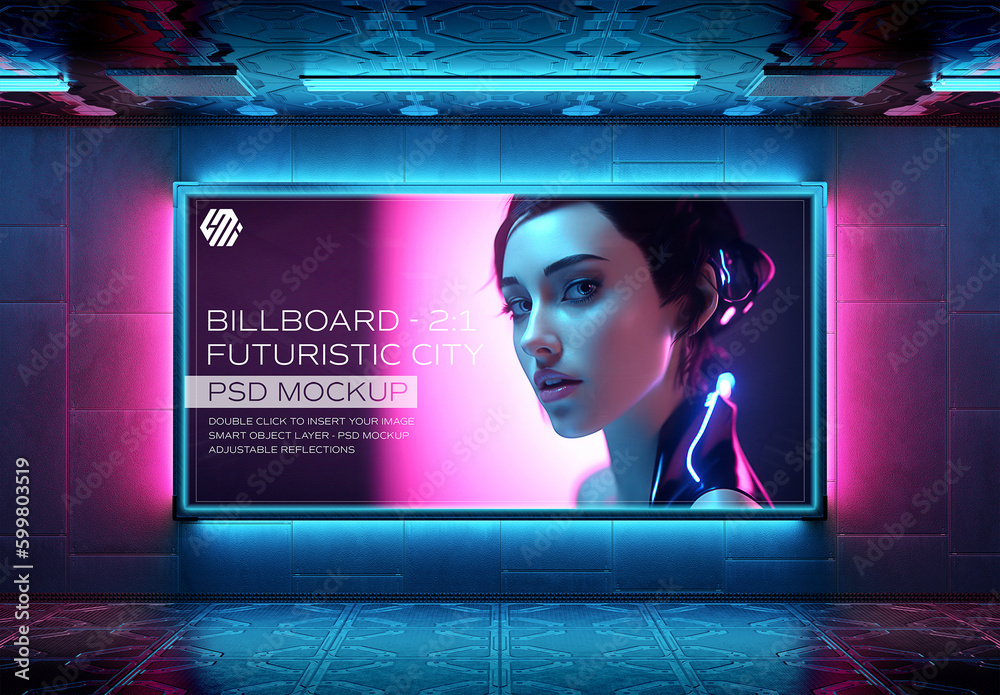 Cyberpunk Panoramic Billboard Mockup in Futuristic City Stock Template ...