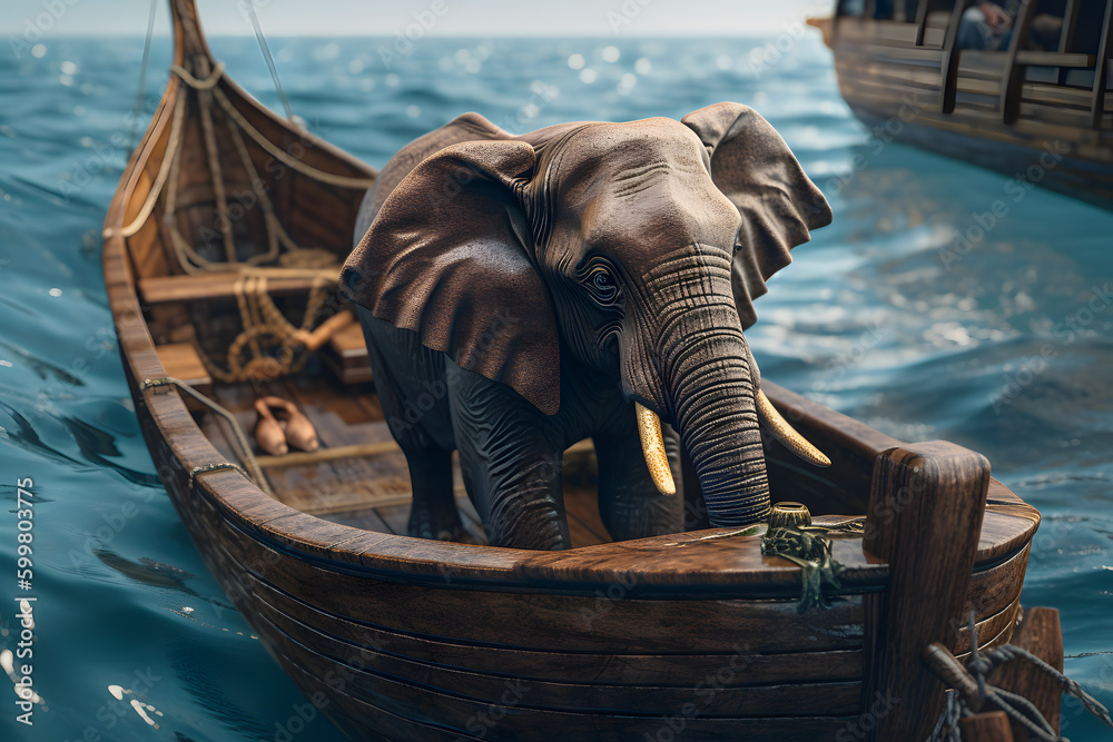 Elephant floats in a wooden boat in the middle of the ocean sea ...