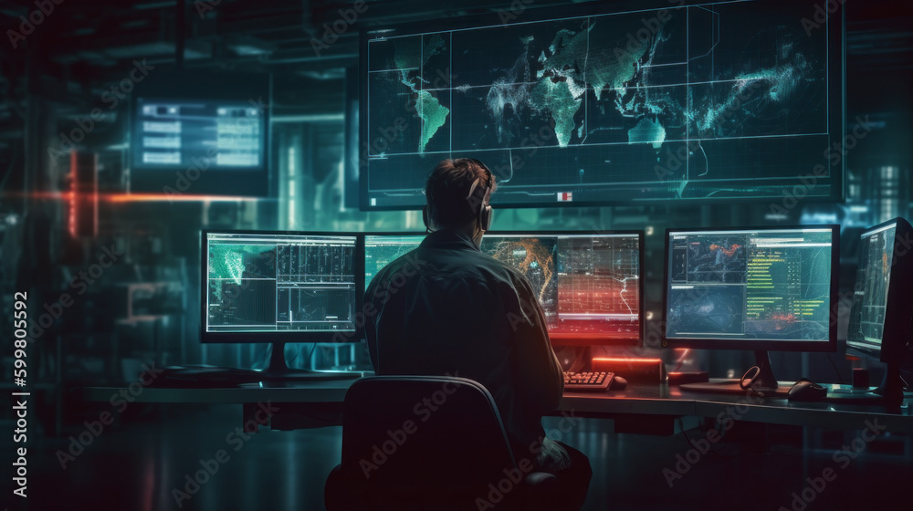 A security expert in front of multiple computer screens in a network ...