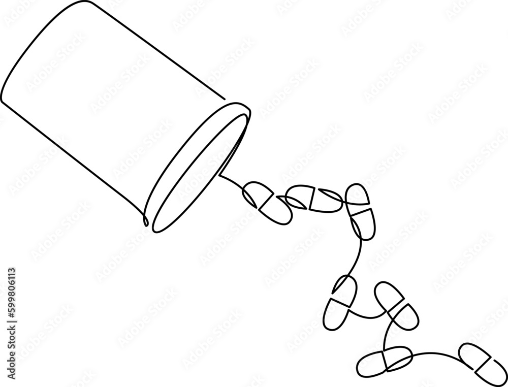 Continuous single line drawing of medicine pill or capsule bottle. One ...
