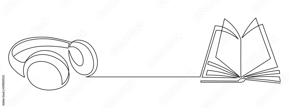 Headphone and book one line art,hand drawn audio reading device ...