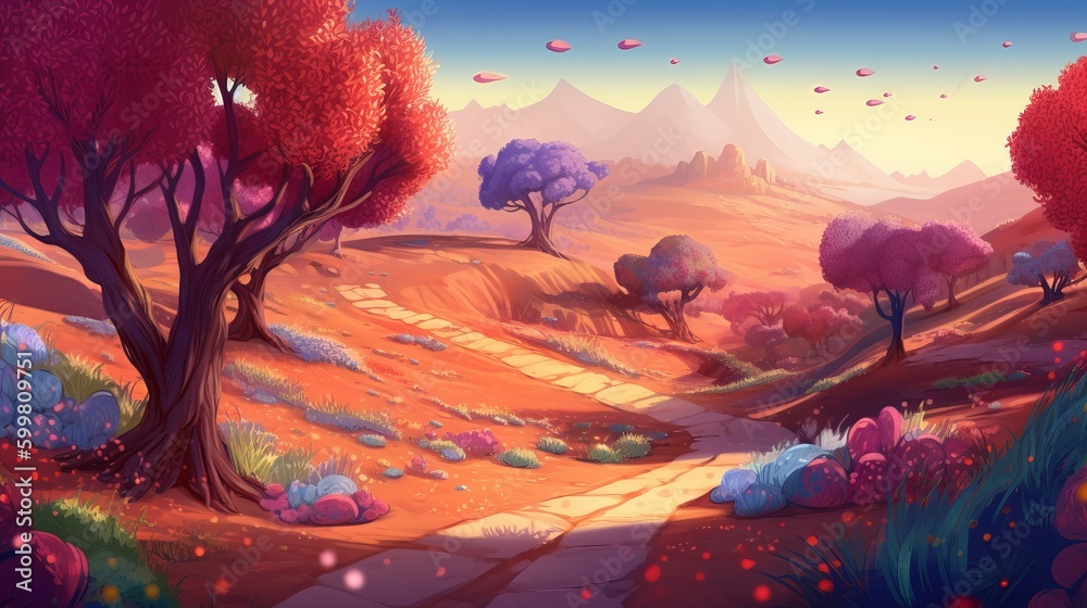 A landscape of ruby trees and sapphire flowers and emerald fruits ...