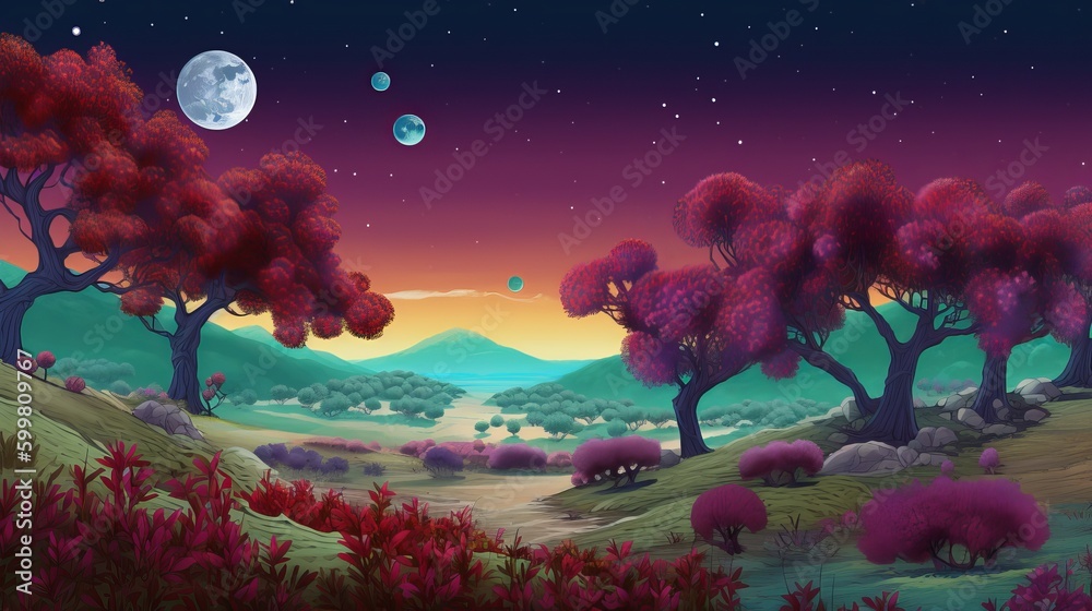 A landscape of ruby trees and sapphire flowers and emerald fruits ...