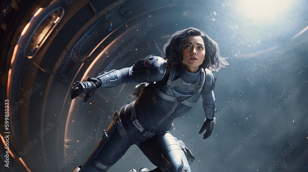 beautiful girl wearing cyber sleek space suit floating through space, skydive pose, setting is ...