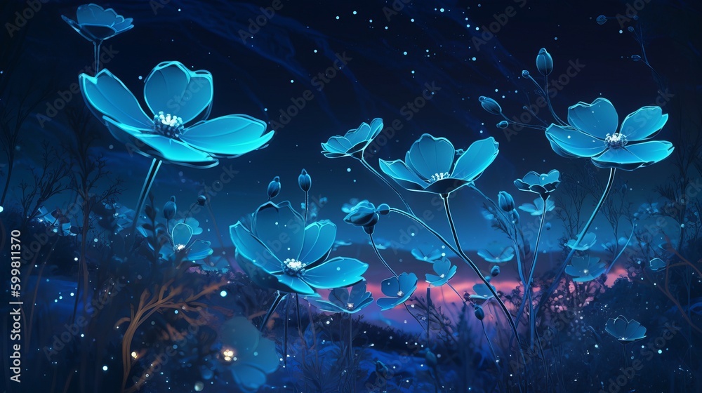 Blue flowers in the dark with stars in the sky, made of crystals ...