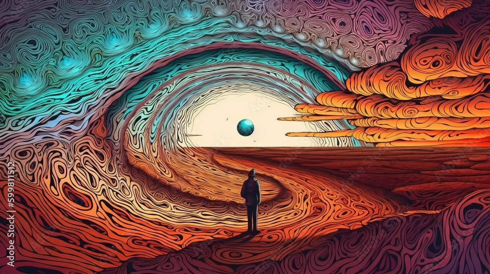 man standing around a huge black hole in a desert, psychedelic ...