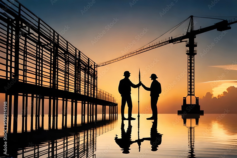 construction workers at sunset, generative ai Stock Illustration ...