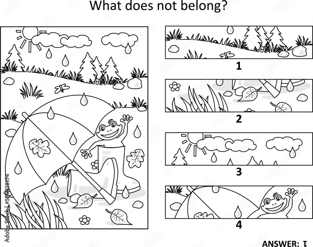 Rainy autumn or summer day with umbrella, gumboots and happy frog ...