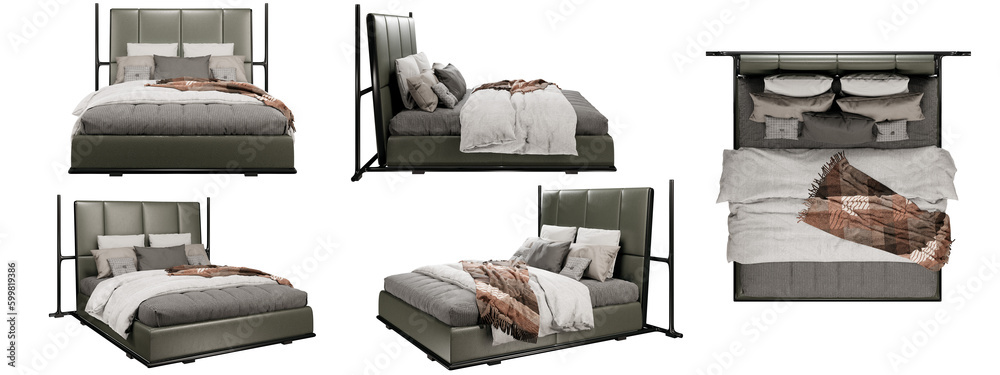 isometric bed with pillows mockup, top view, font view, side view ...