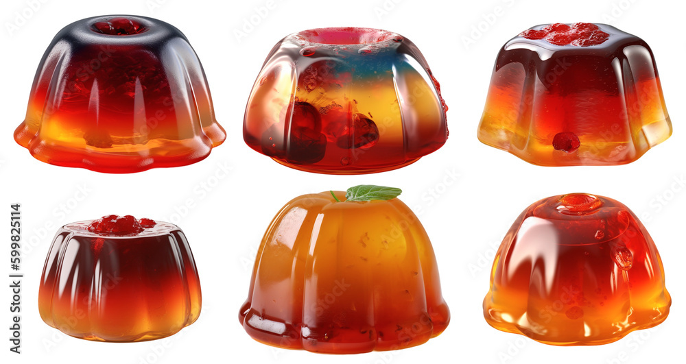 A collection of six different jelly puddings on a transparent ...
