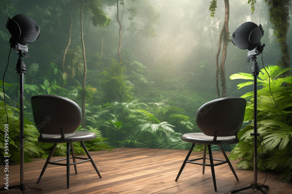 Podcast studio setup with two chairs and microphones, rainforest jungle ...