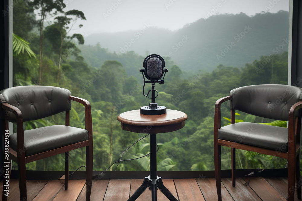 Podcast studio setup with two chairs and microphones, rainforest jungle ...