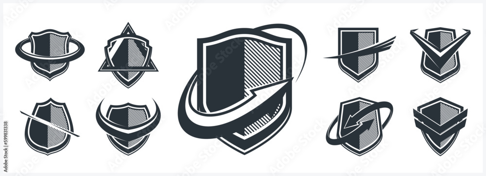 Classic shields shapes set with different additional elements vector ...