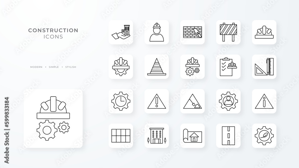 Vecteur Stock Construction icon collection with black outline style. set, sign, engineer, worker ...
