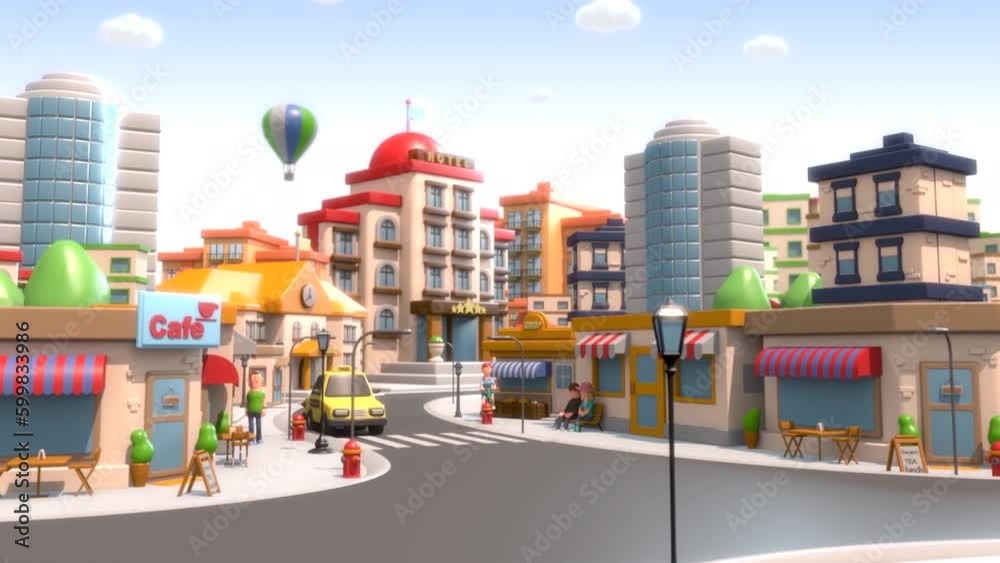 3D animation of urban city street. City view with people, buildings ...