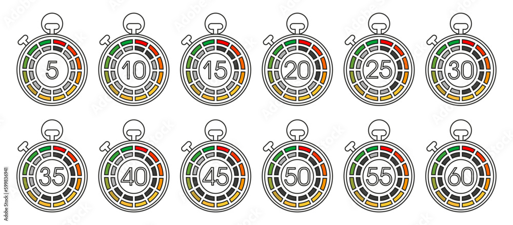 Timer set. Stopwatch icons. Countdown from ten minutes to one hour ...