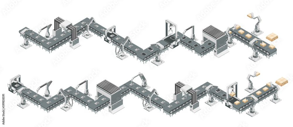 Robotic assembly line with conveyor belt in an automated factory ...