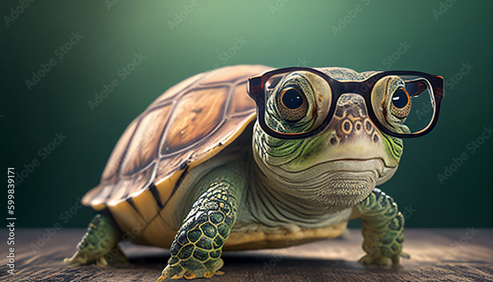 Cute little green turtle with glasses in front of studio background ...