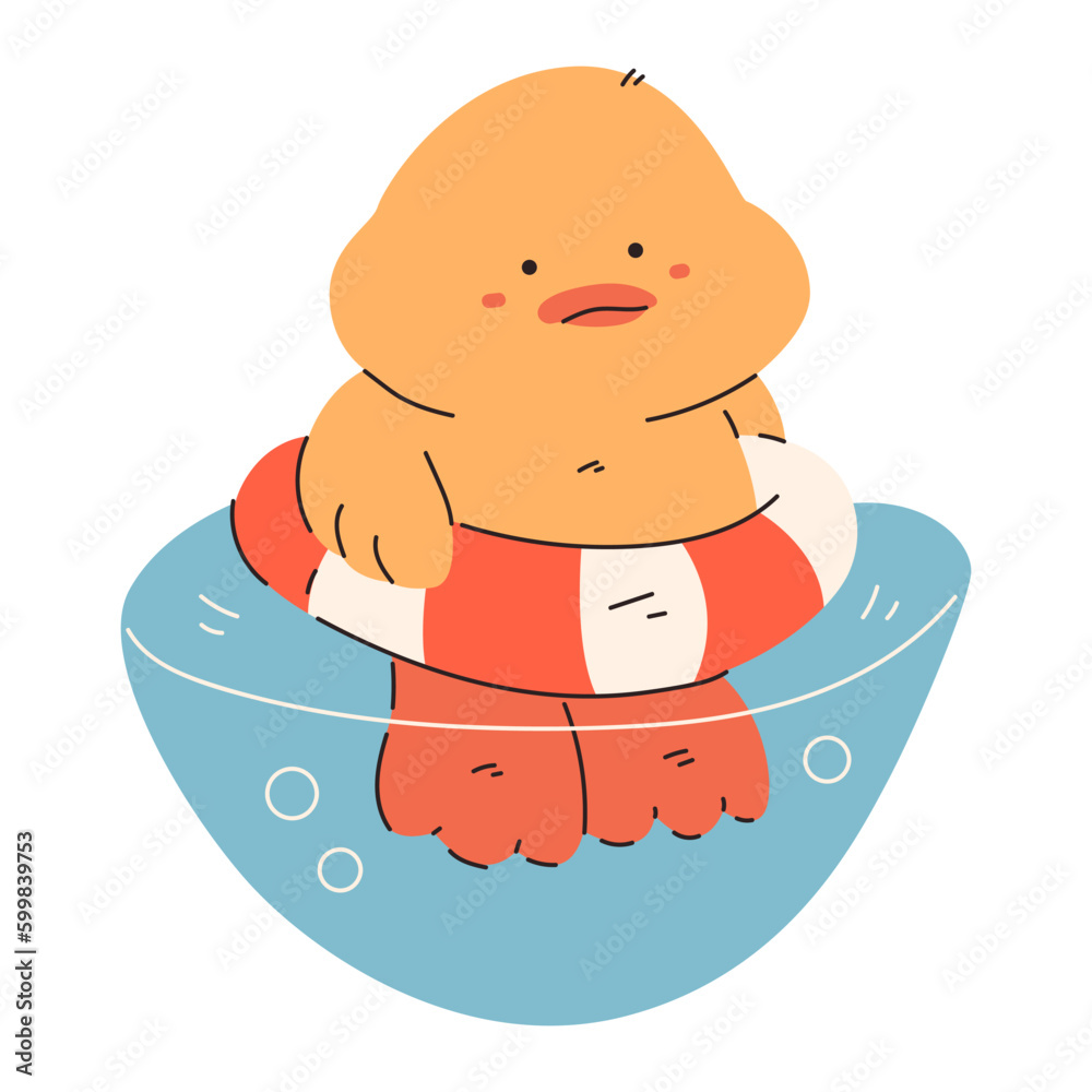 Cute little duck swimming with lifebuoy vector cartoon character ...