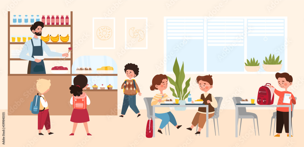School cafeteria concept. Boys and girls with backpacks in dining room ...