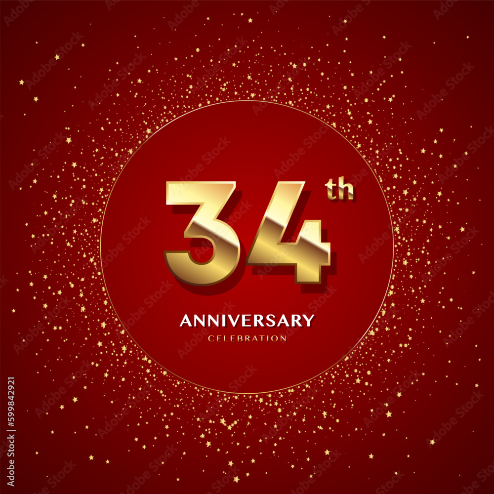 34th anniversary logo with gold numbers and glitter isolated on a red ...