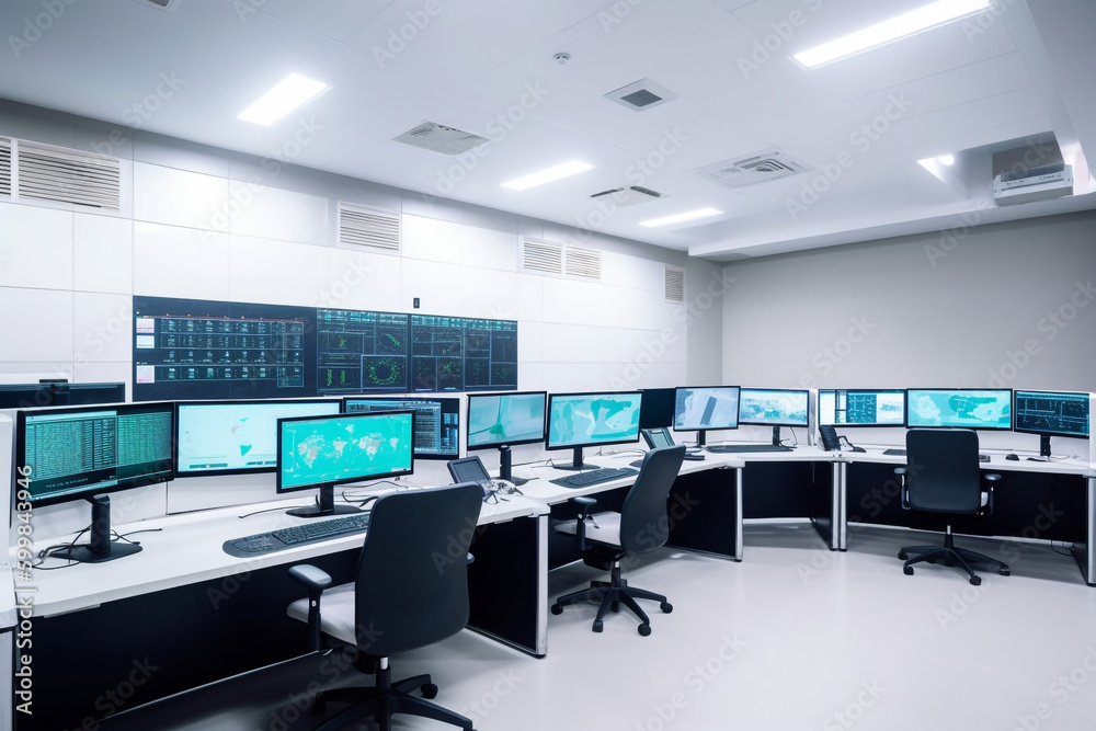 Empty interior of big modern security system control room, workstation ...