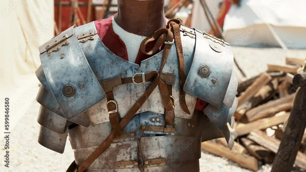 Protective armour clothing of Roman legionaries in military camp, linen ...
