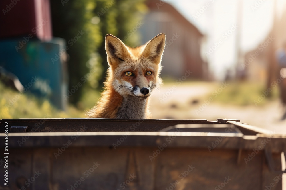 Red fox sitting in front of garbage bin in human settlement. Generative ...
