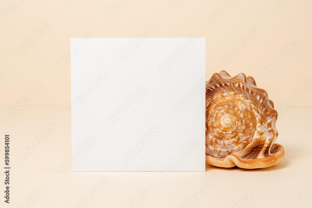 Square summer minimal paper sheet card with seashell on beige ...