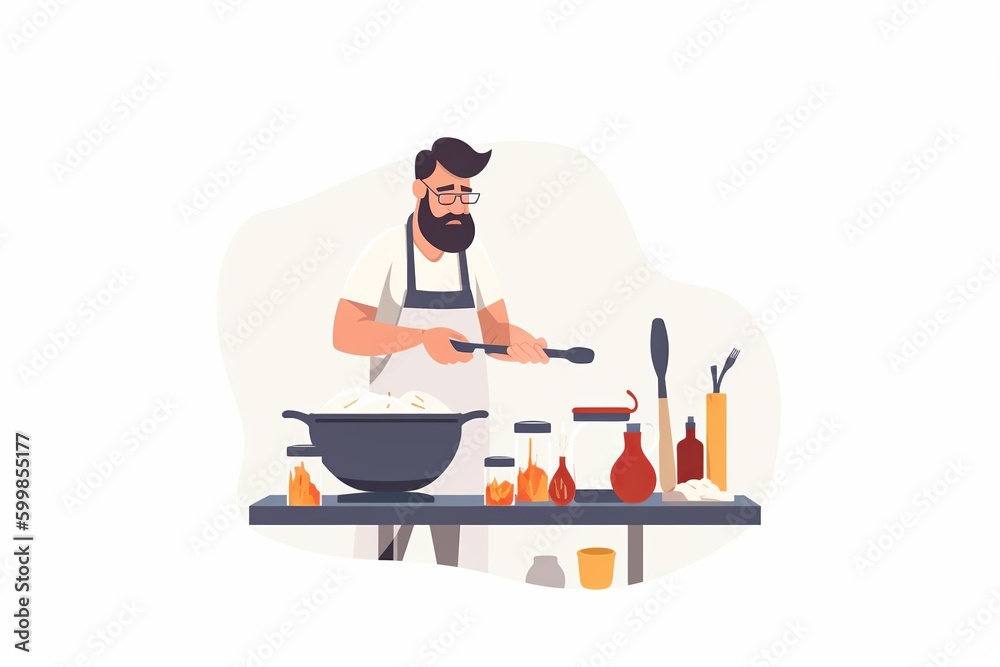 cartoon man cooking in the kitchen from generative ai Stock ...