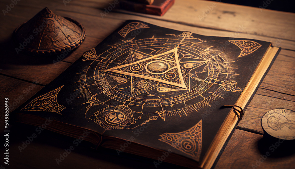 Mysterious ancient illuminati occult manuscript on wooden table ...