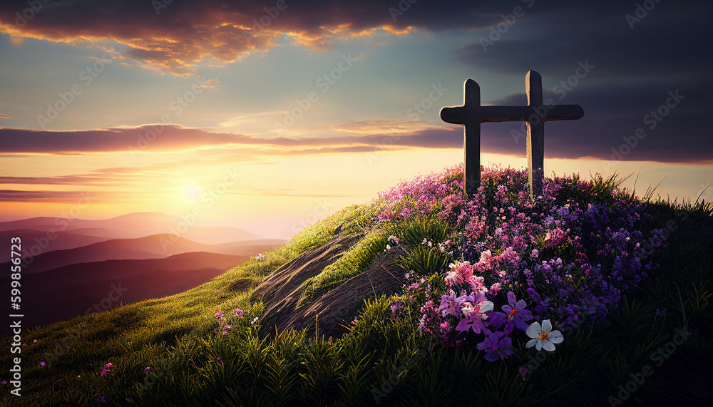 Religious cross on hilltop with spring flowers and sunrise. Generative ...