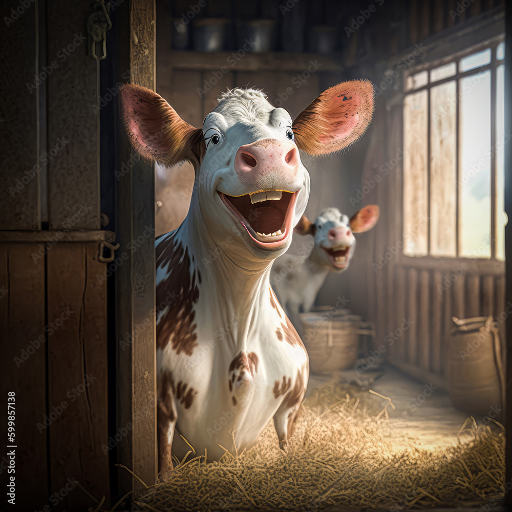 Lachende Kuh im Stall im Cartoon-Style. Generative AI Stock ...