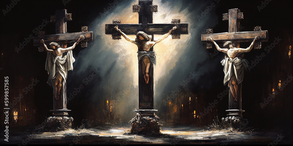 Three crosses on Calvary oil painting symbolic of the Jesus Christ ...