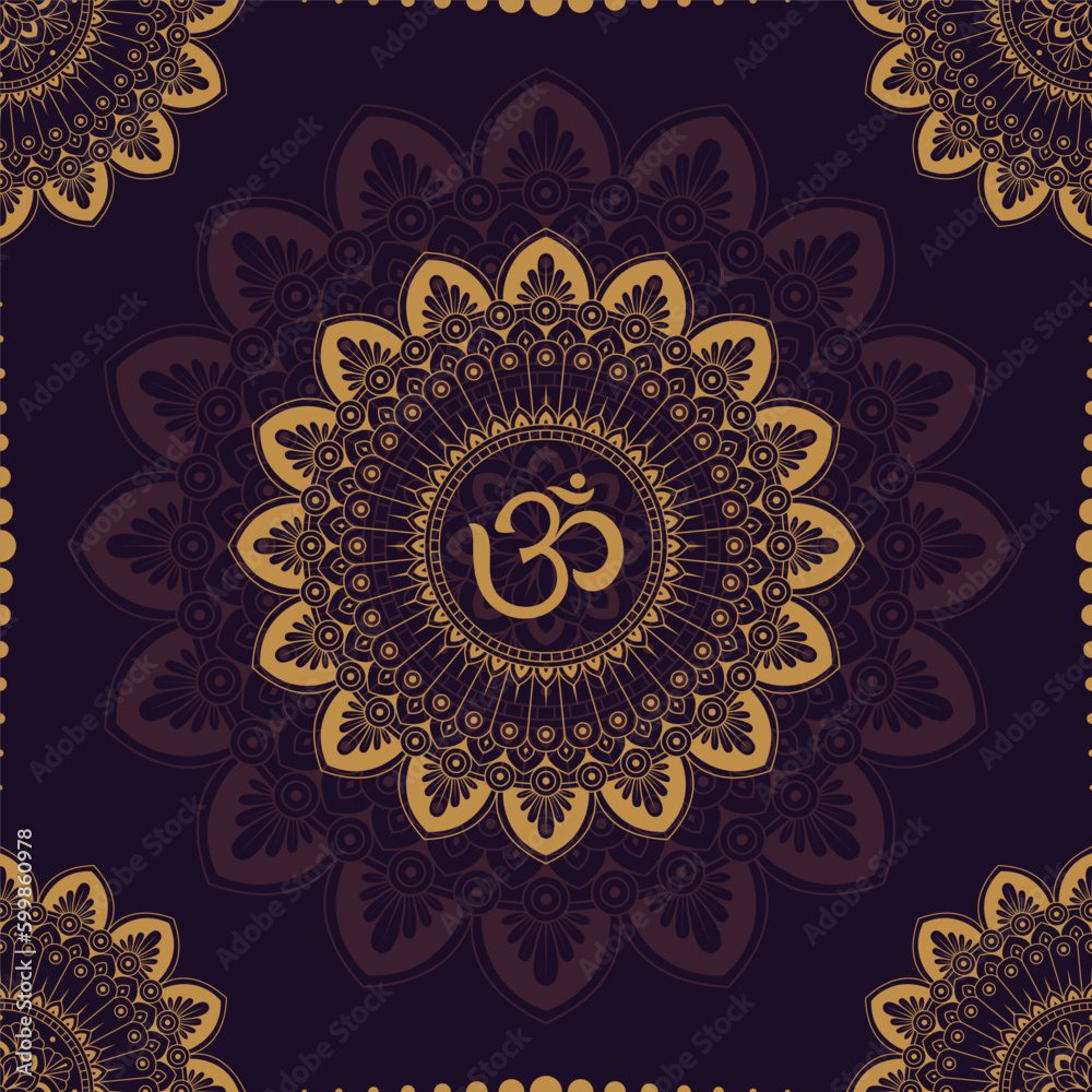 Om symbol golden mandala on dark background seamless pattern vector ...